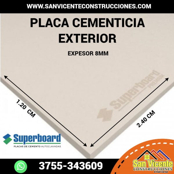 PLACA CEMENTICIA SUPERBOARD 8MM 1.20X2.40M PAREDES EXTERIORES - DURLOCK - San Vicente Construcciones